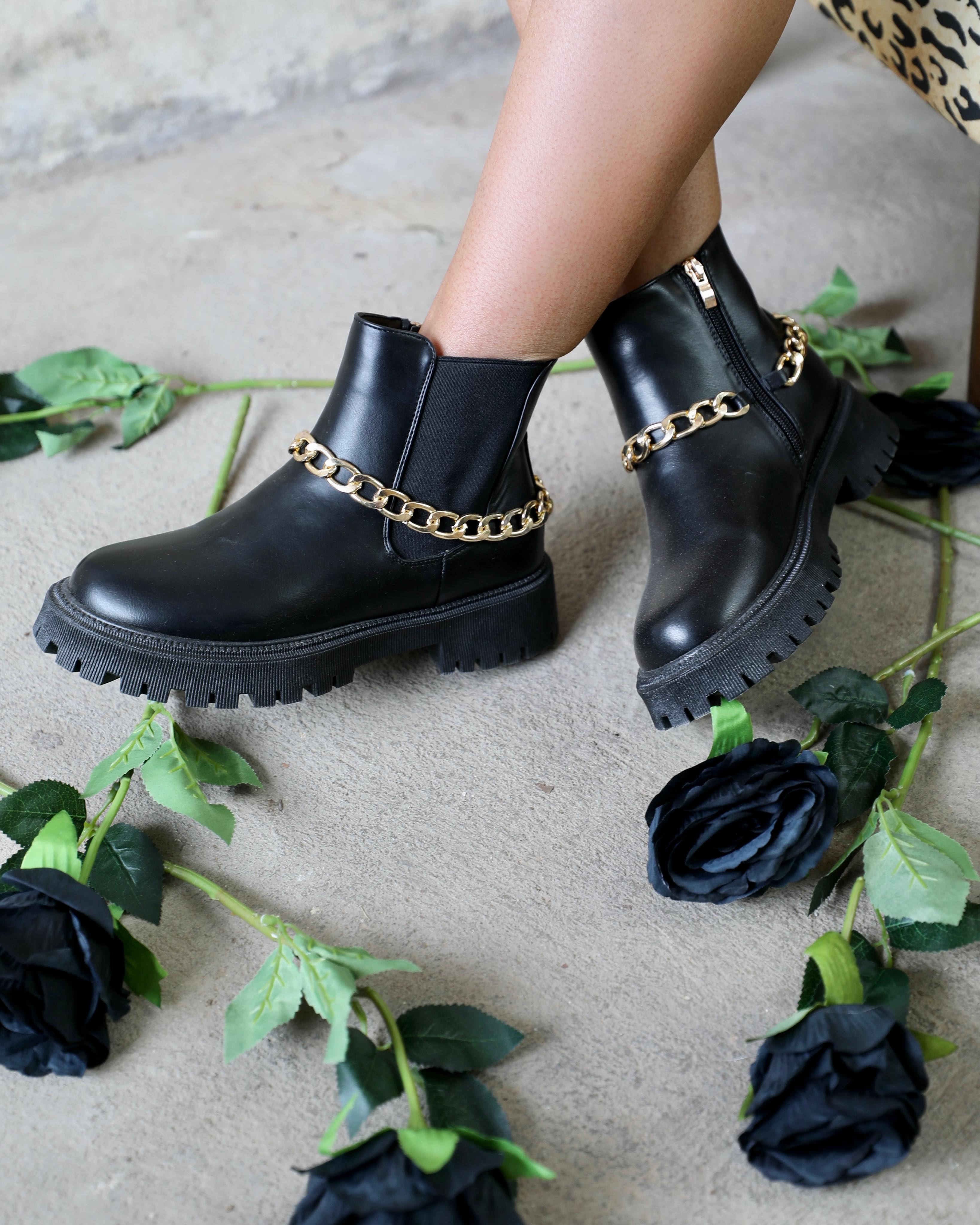 Black Chunky Gold Ankle Chain Booties | The Lace Cactus