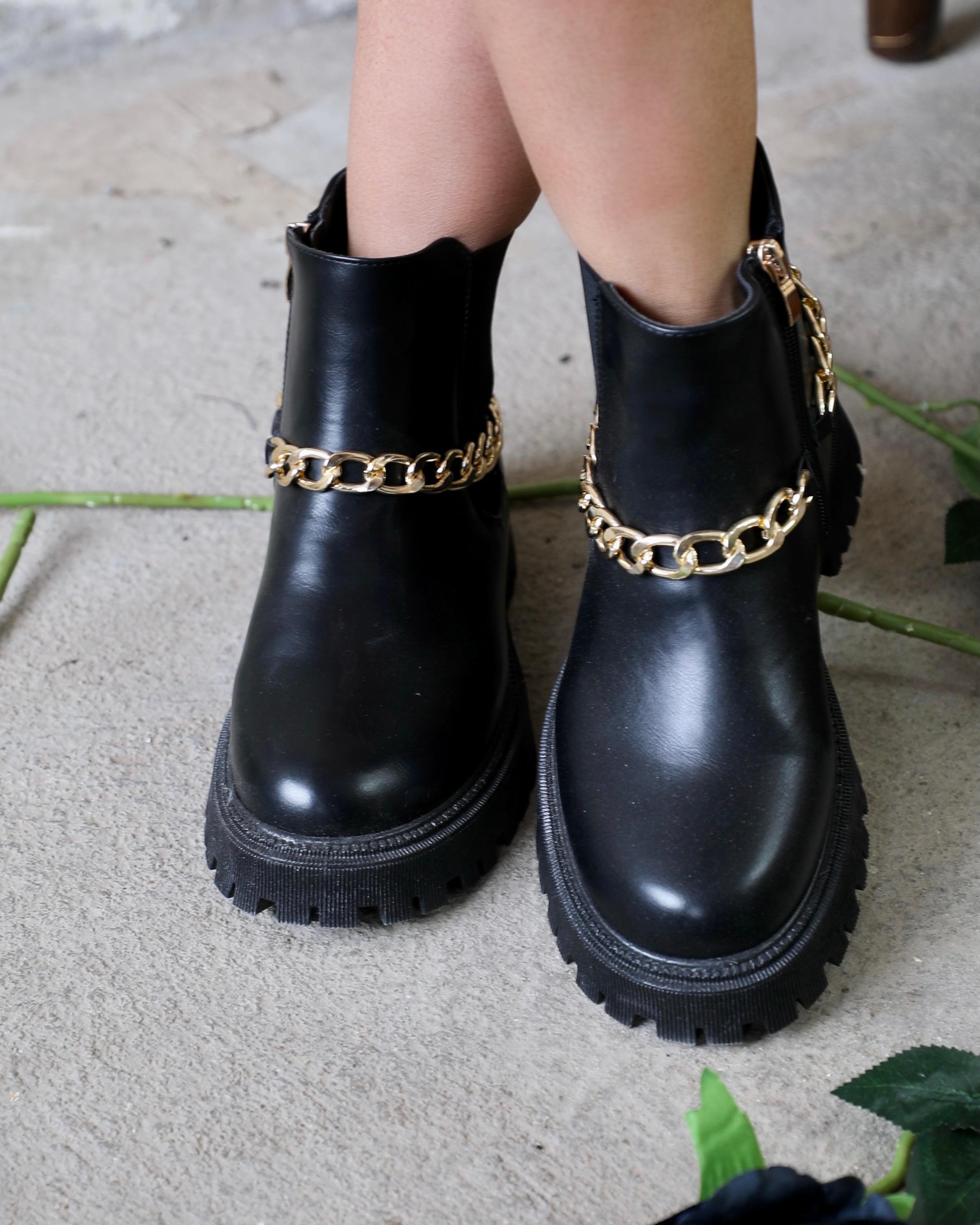 Black Chunky Gold Ankle Chain Booties | The Lace Cactus