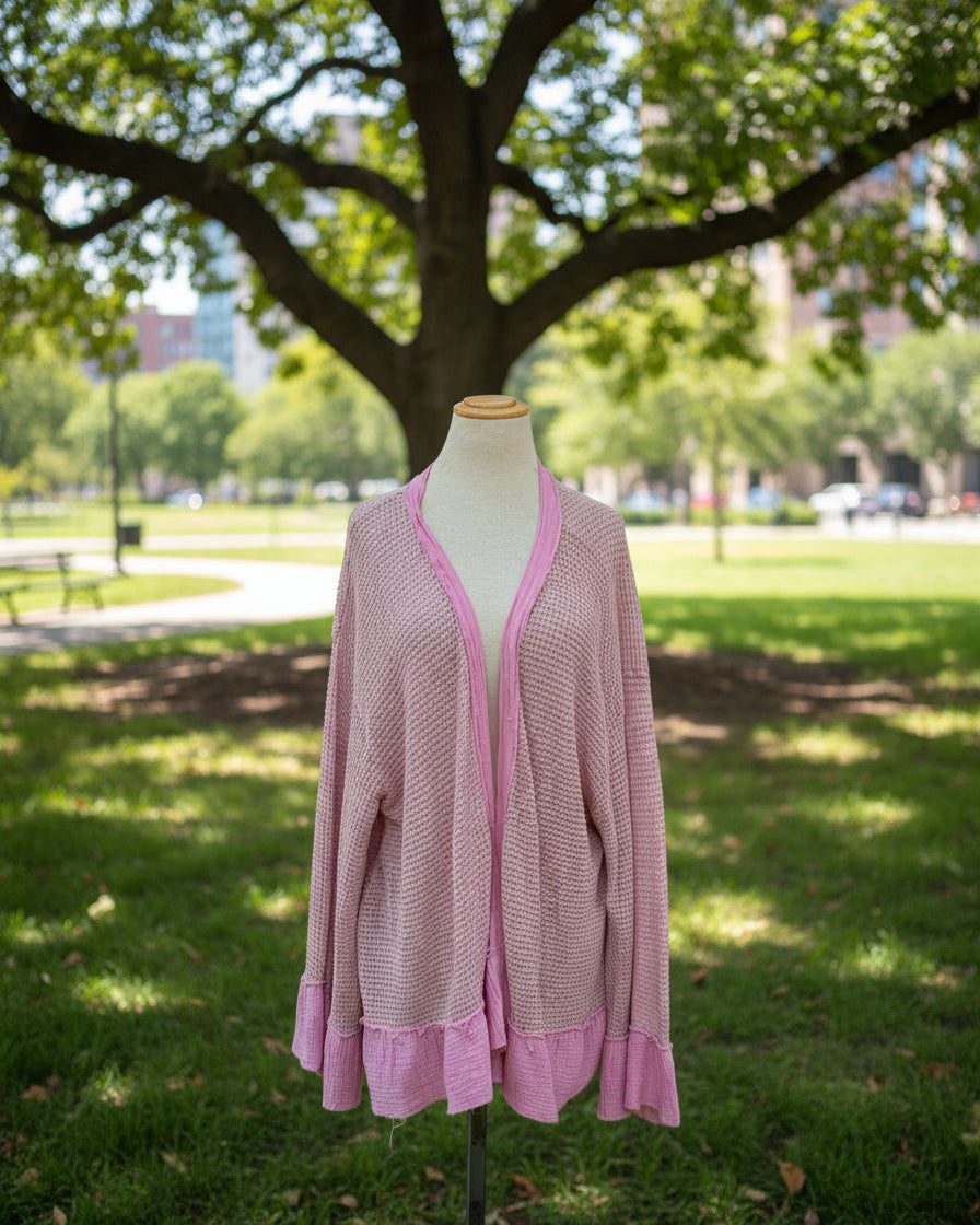 "KC" Pink Waffle Knit & Gauze Cardigan : Large – The Lace Cactus